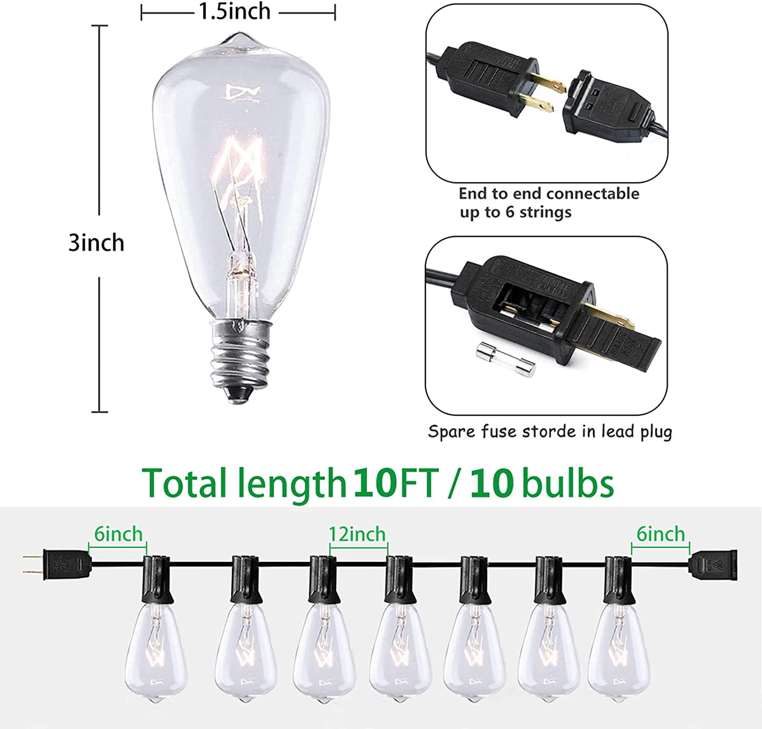 LIDUI-10Ft Outdoor Patio String Lights with 11 Edison Bulbs (1 Spare ...