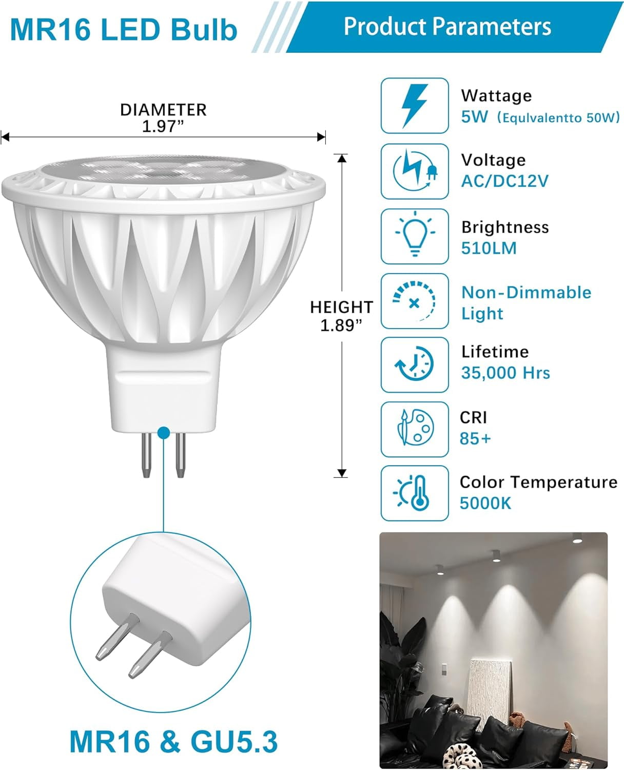 LIDUI-12 Pack MR16 LED Bulbs, 50 Watt Equivalent Landscape Light Bulbs ...