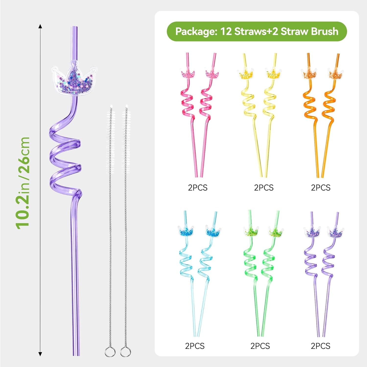 LIDUI-12 Pcs Glitter Princess Crown Crazy Straws, Reusable Drinking ...