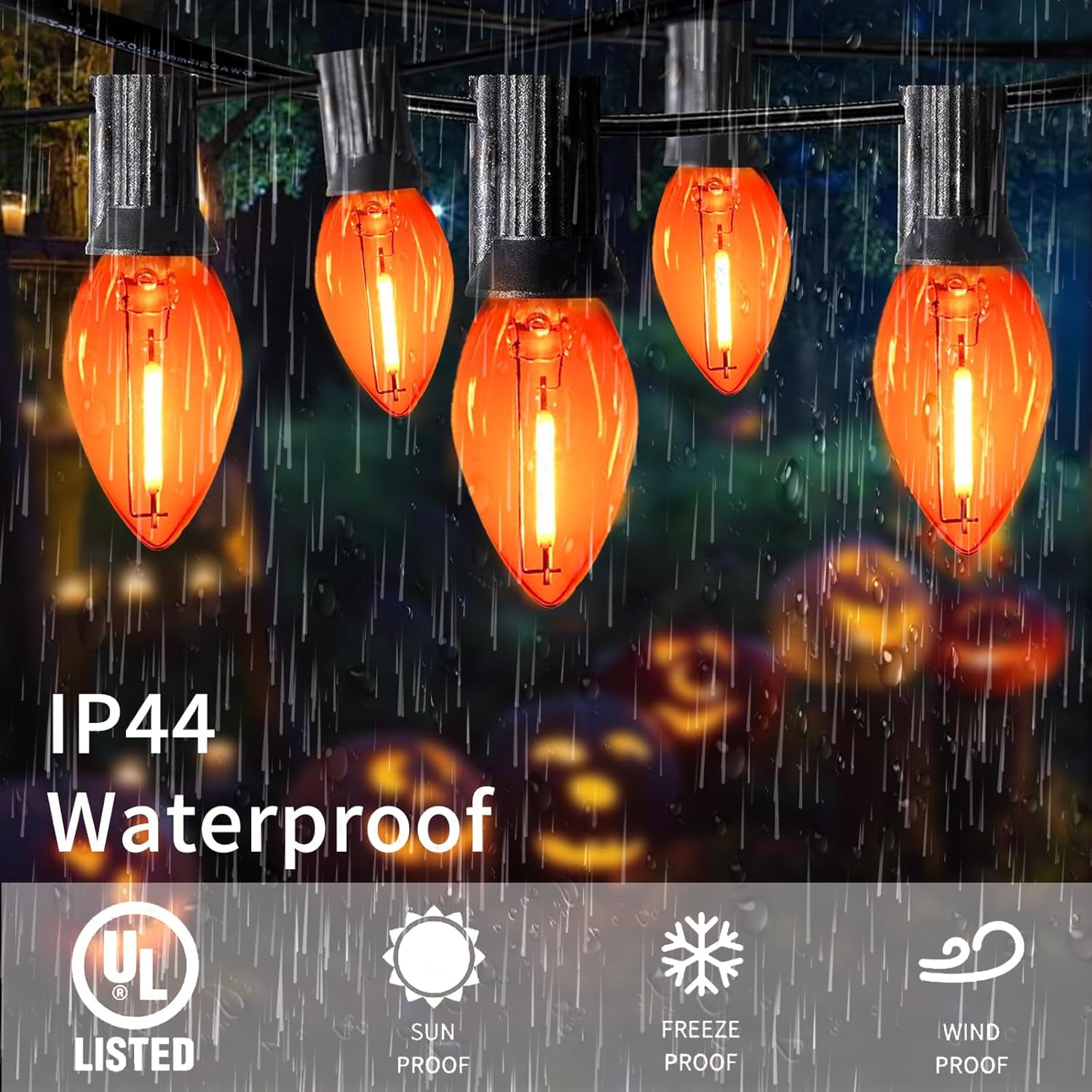 LIDUI-12FT Orange Halloween Lights Outdoor, C7 LED String Lights Plug ...