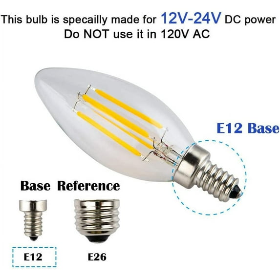 LIDUI-12V-24V DC Low Voltage LED Candelabra Bulb, 4W Dimmable with DC ...