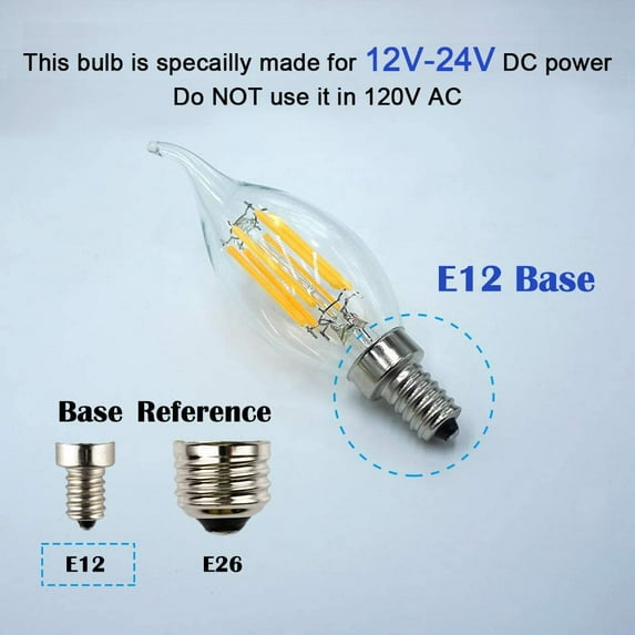 LIDUI-12V Low Voltage LED Candelabra Bulb, 6W Dimmable with 12V DC ...