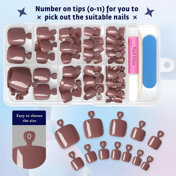LIDUI-144pc Brown Press on Toenails for Women, Brown Toe Nail Press ons ...