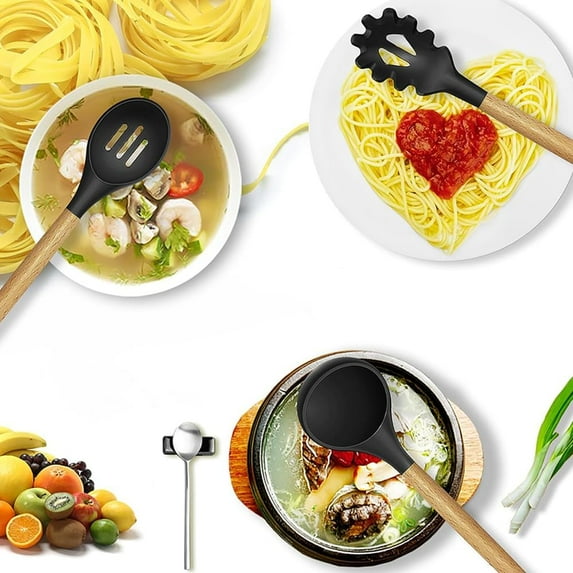 LIDUI-15-Piece Silicone Wooden Handle Kitchen Utensils Set, Cooking ...