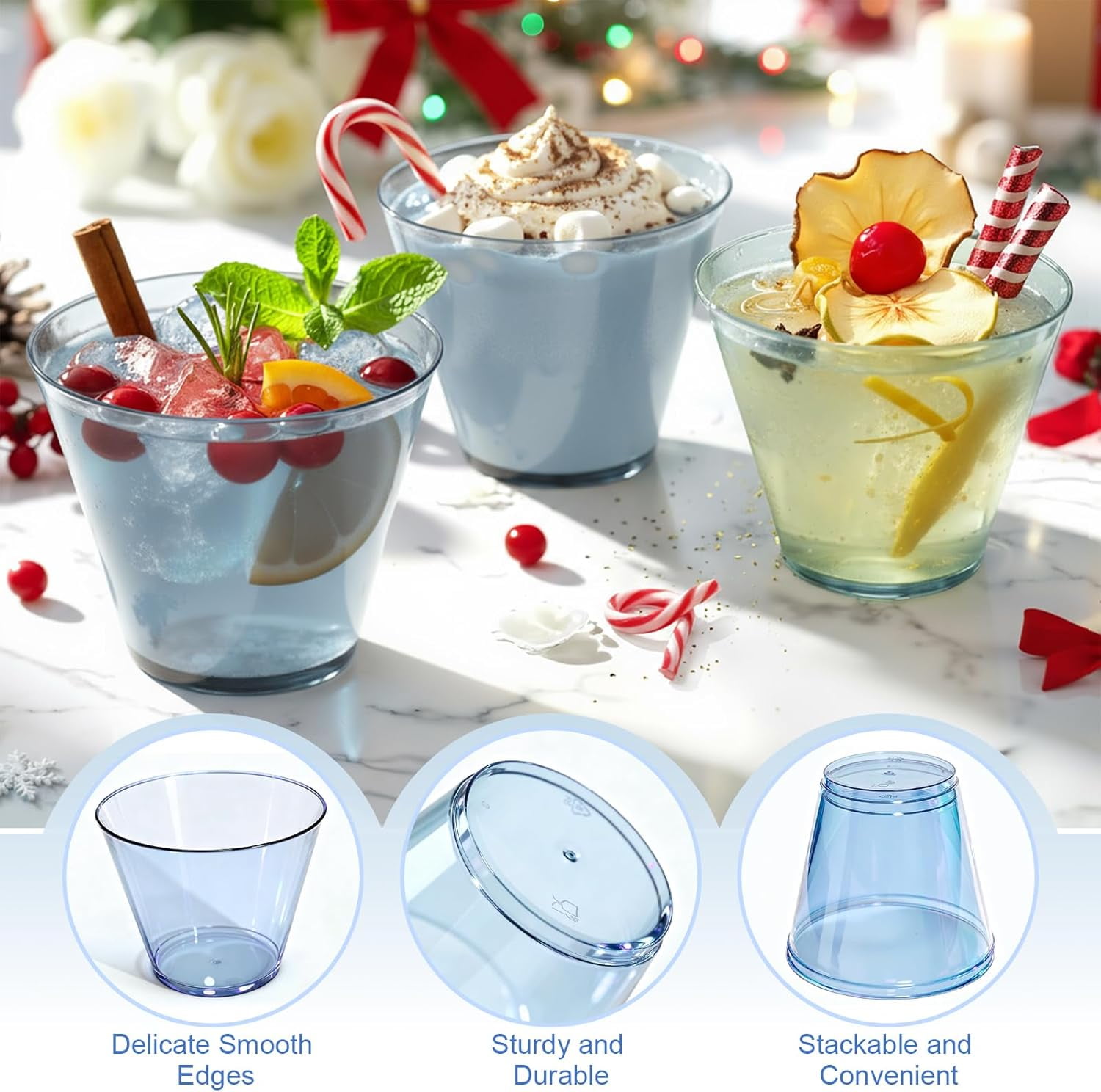 LIDUI-150 Pack Plastic Cups 9 oz Blue Clear Plastic Cups for Cocktail ...