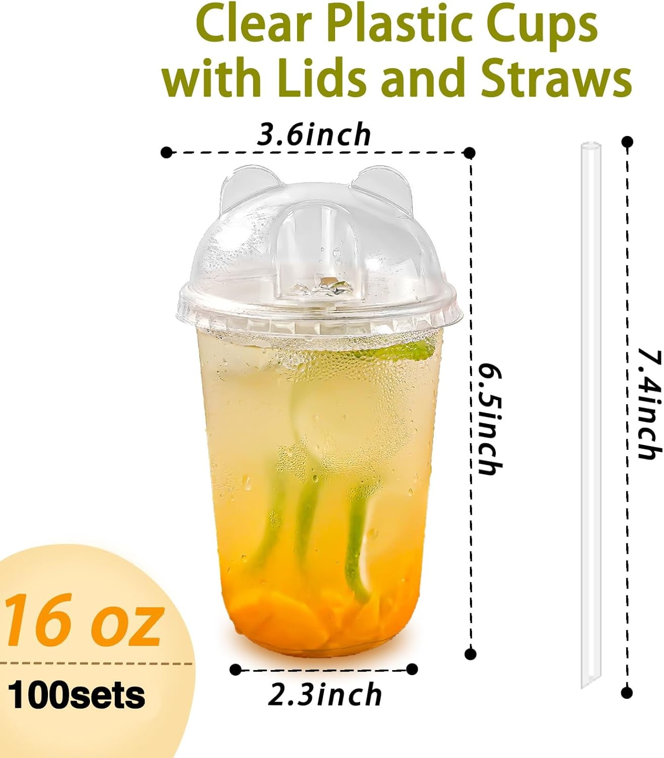 LIDUI-16oz 100 Set Disposable Plastic Cups with Dome Lids and Straws ...
