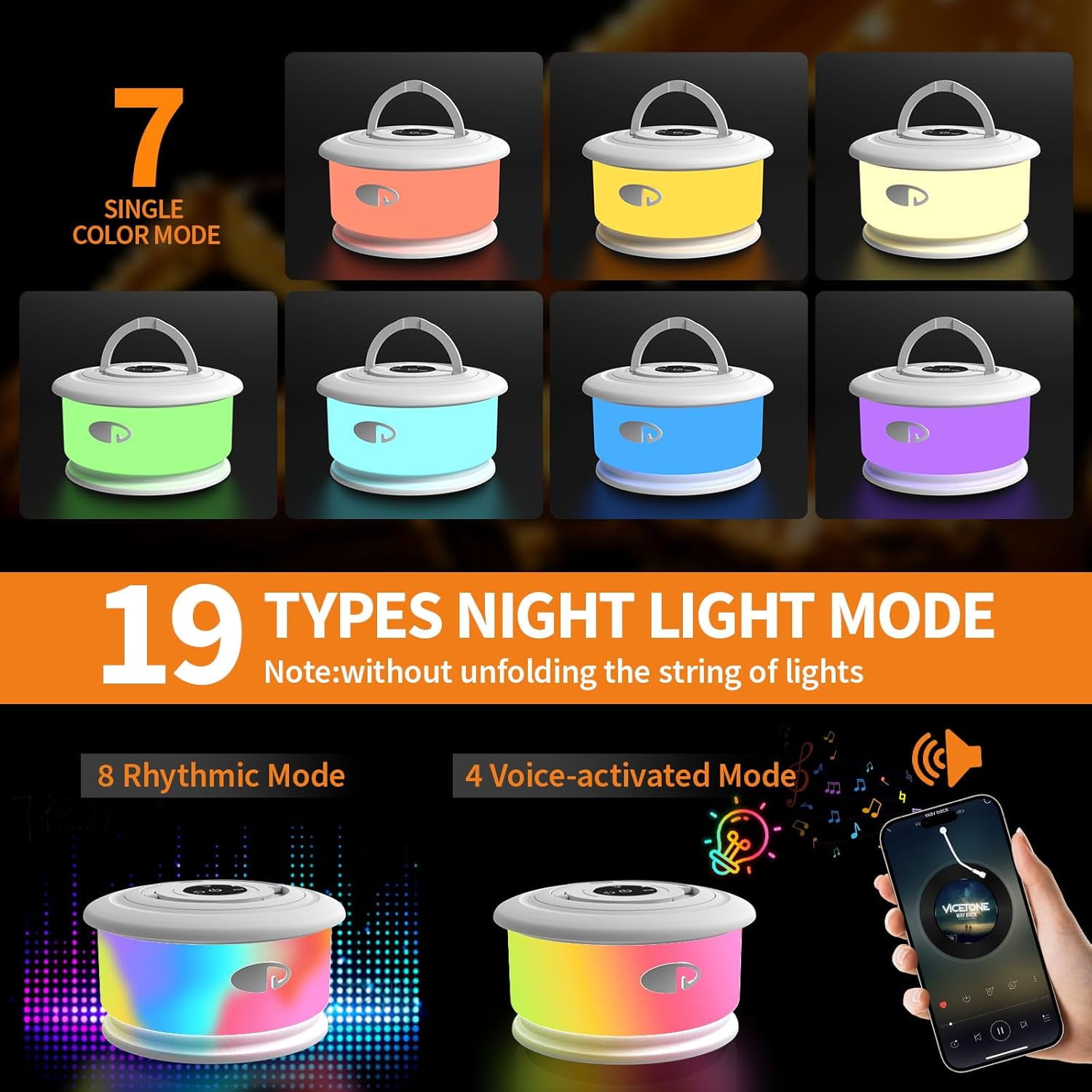LIDUI-2-Pack Camping String Lights, 3 in 1 Upgraded Retractable RGB ...
