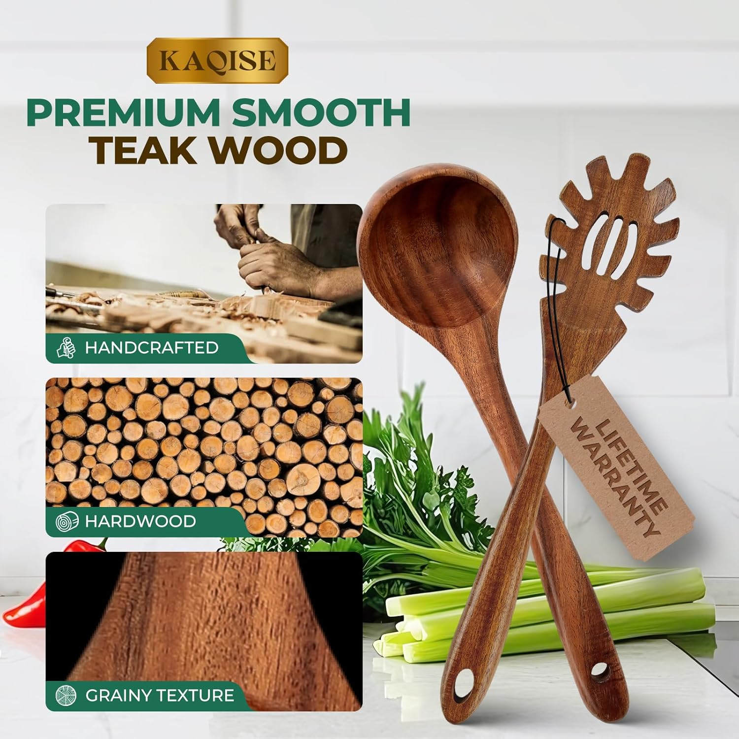 LIDUI-2 Pack Wooden Pasta Spoon and Soup Ladle, Teak Wood Spaghetti ...