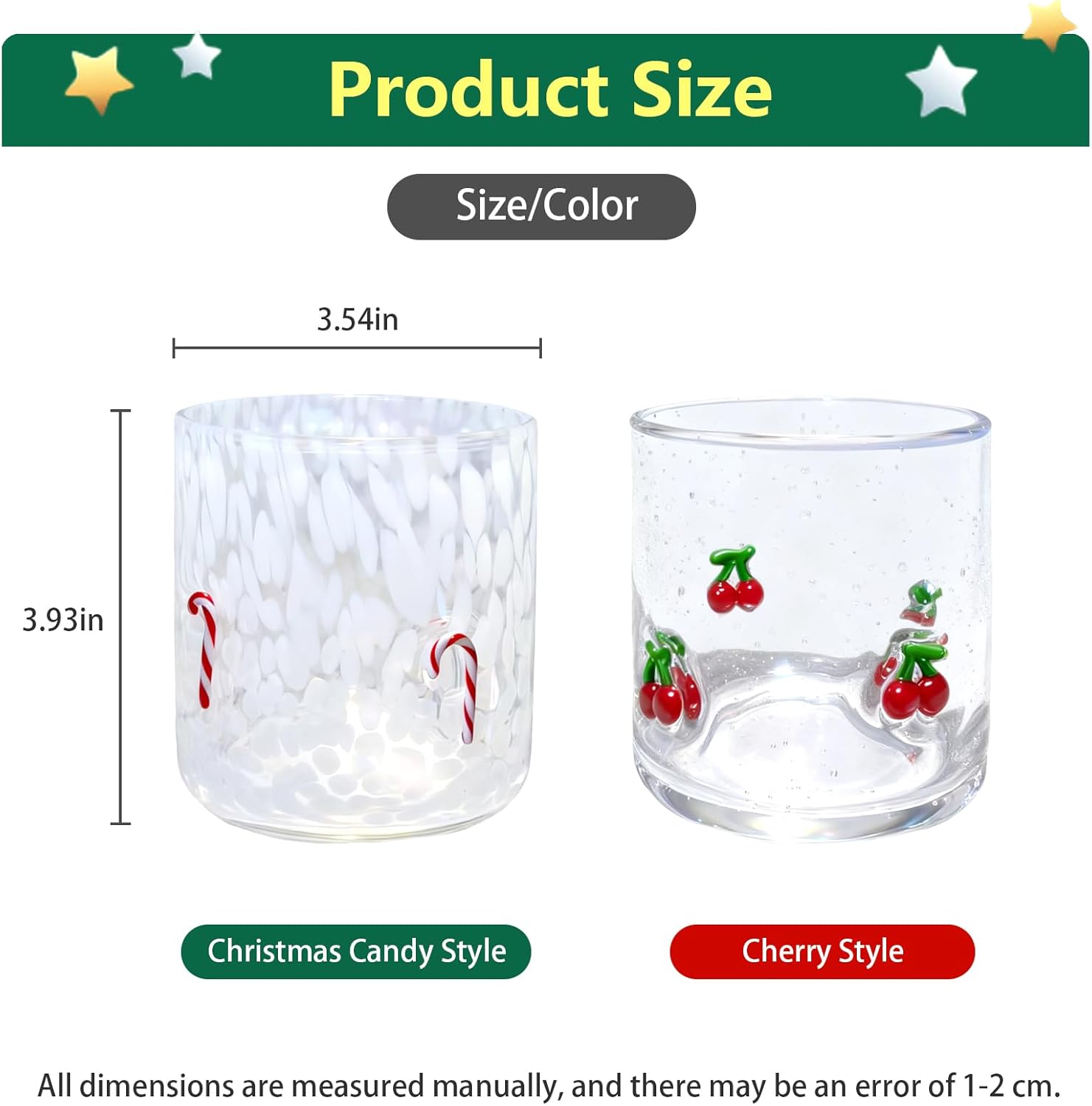 LIDUI-2 Pcs Christmas Icon Glass Cups - 14 oz Christmas Cane & Cherry ...