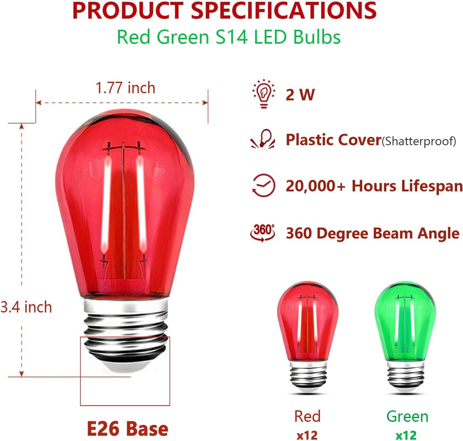 LIDUI-24 Pack S14 LED Red Light Bulb Green Light Bulb, Shatterproof 2 ...