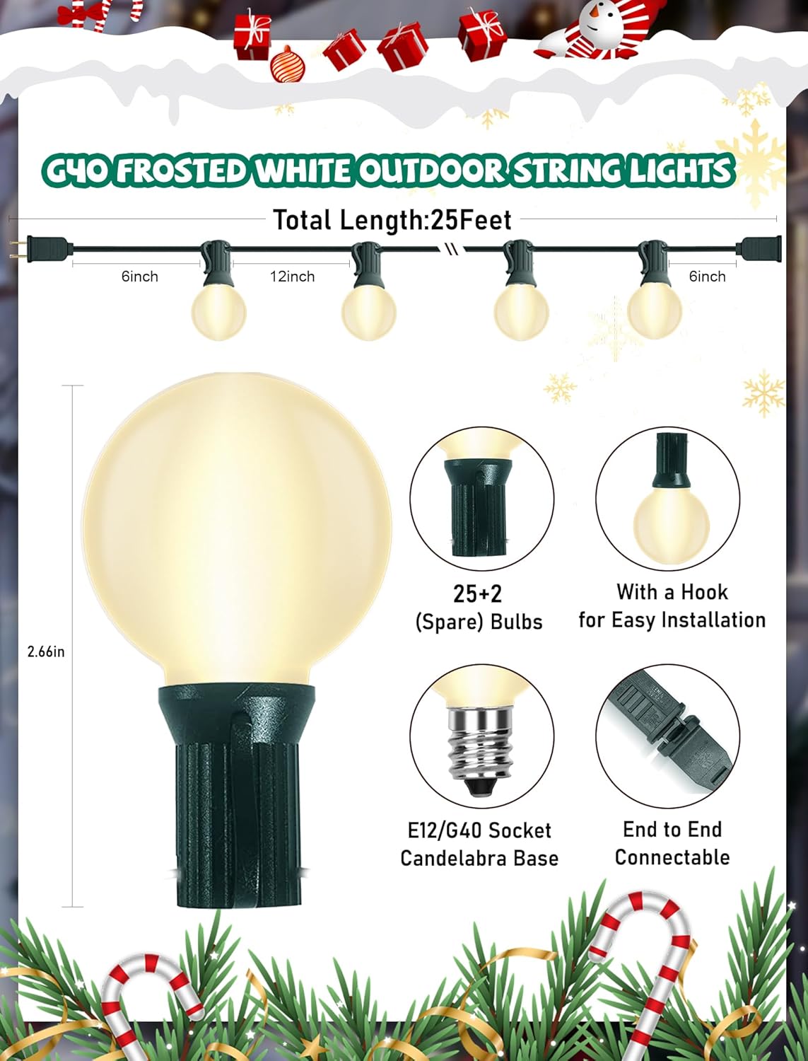 LIDUI-25FT G40 Frosted Christmas Lights,Globe Christmas Lights with 27 ...