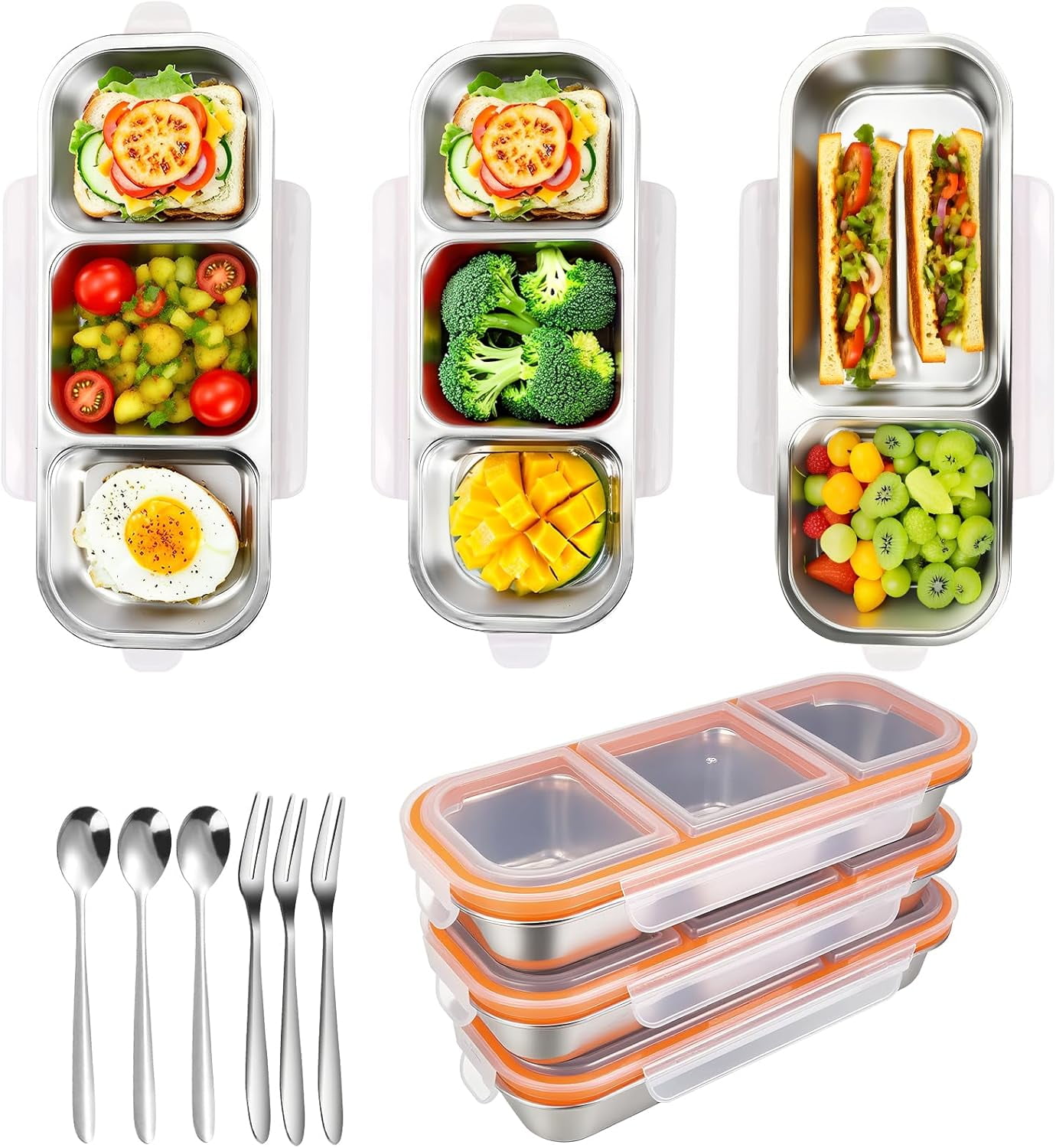 LIDUI-3 Pack Snack Containers with Leakproof Lids 304 Stainless Steel ...