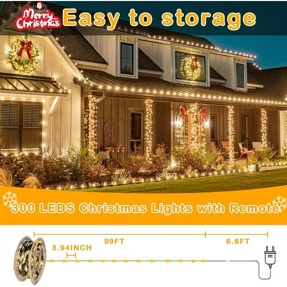 LIDUI-300LED 99FT Christmas Tree String Lights Green Wire Dimmable with ...
