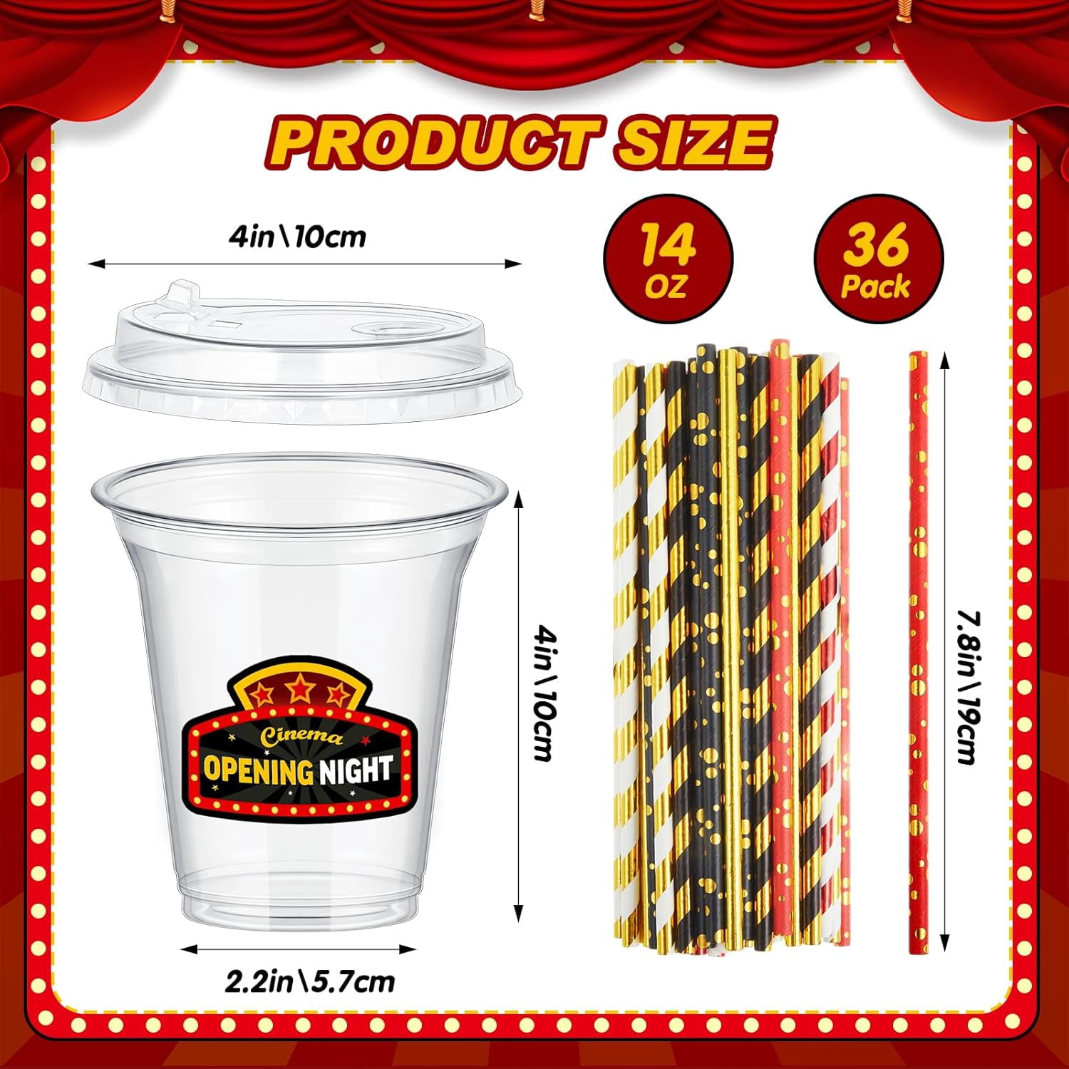 LIDUI-36 Sets Movie Night Party Cups with Lids and Paper Straws 14 oz ...