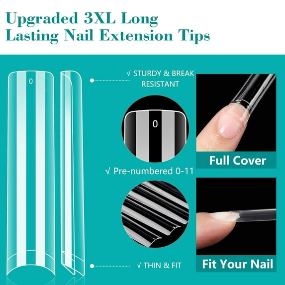 LIDUI-3XL Clear NO C Curve Nail Tips for Acrylic Nails Professional ...