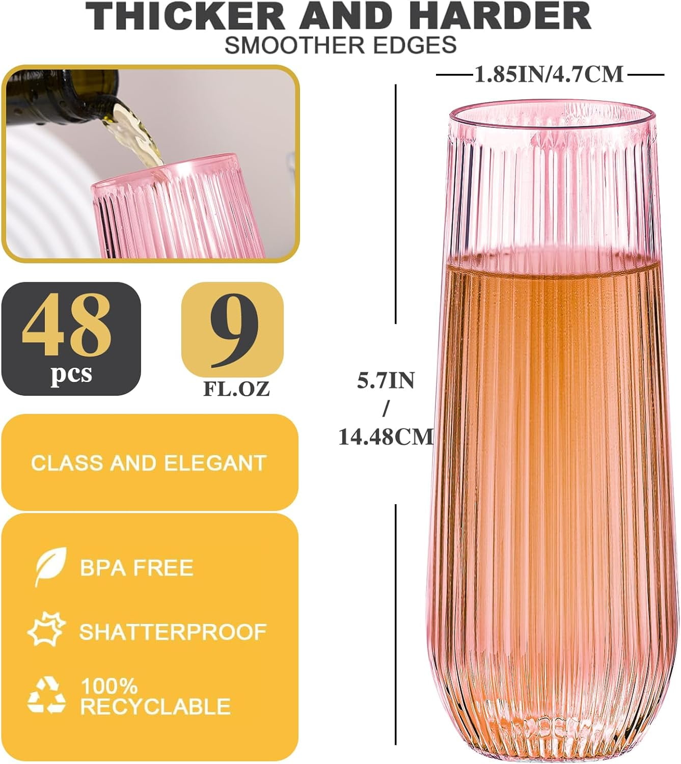 LIDUI-48 Pack Plastic Ribbed Champagne Flutes, 9 Oz Stemless Disposable ...