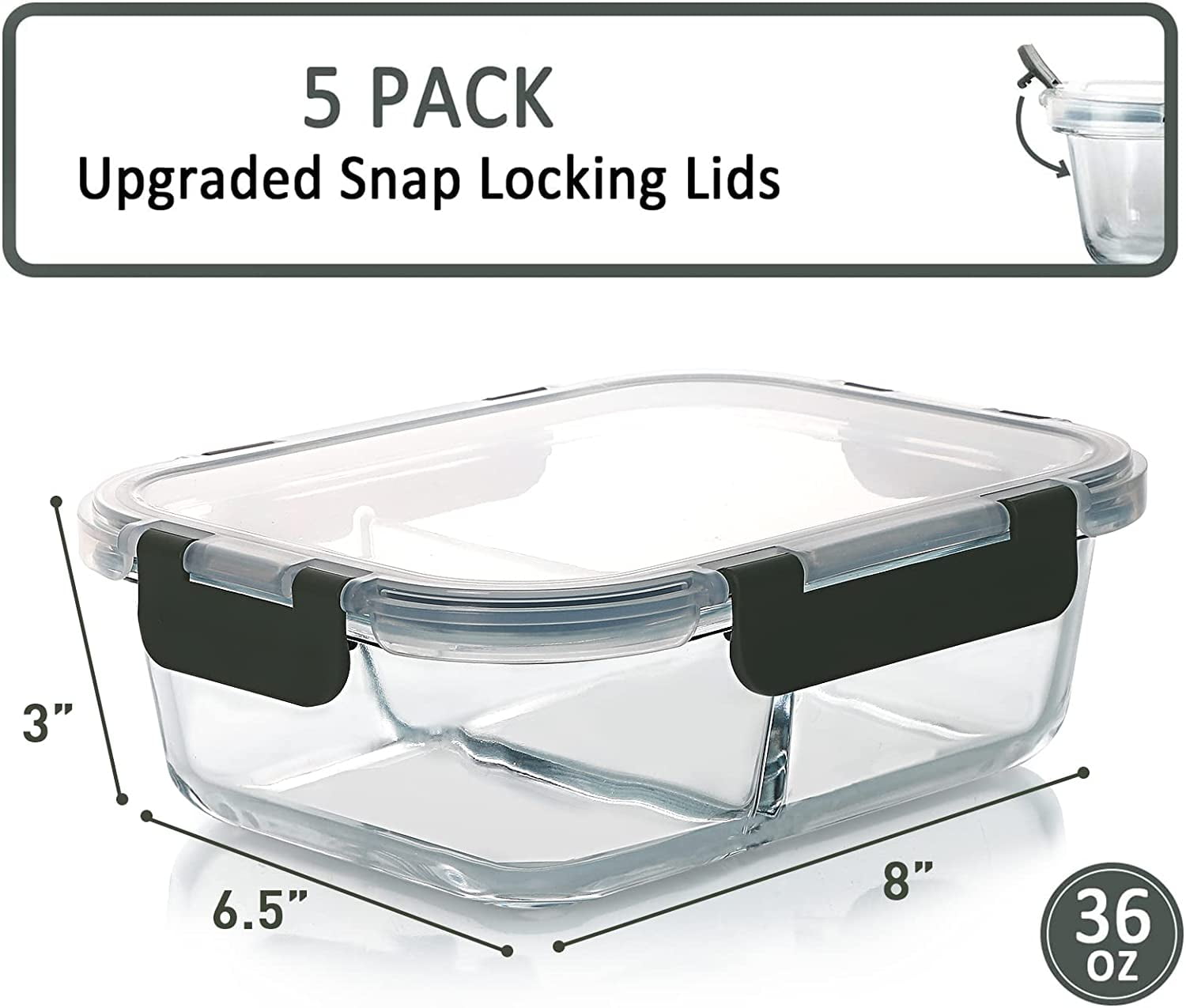 LIDUI-[5-Pack,36 Oz] Glass Meal Prep Containers 2 Compartments Portion ...