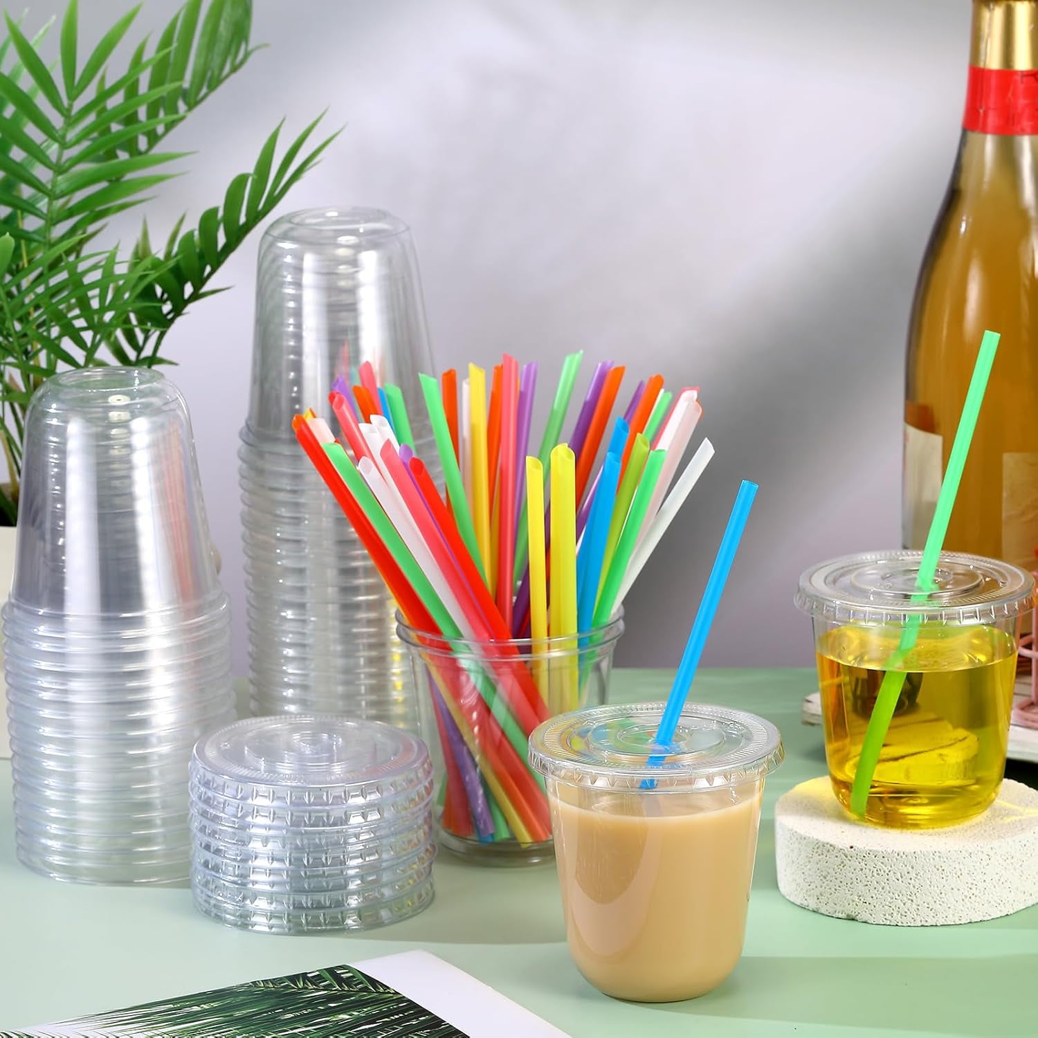 LIDUI-50 Pack Clear Plastic Cups With Flat Lids and Straws Disposable ...