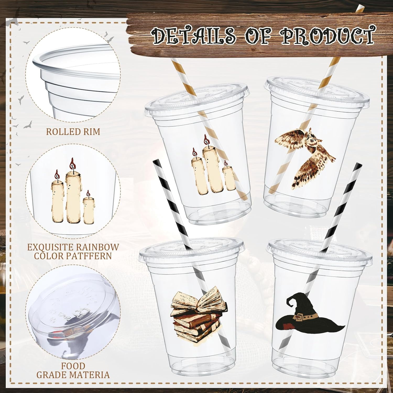 LIDUI-50 Pcs Magical Wizard Cups 12 oz Disposable Cups with Straws Lids ...