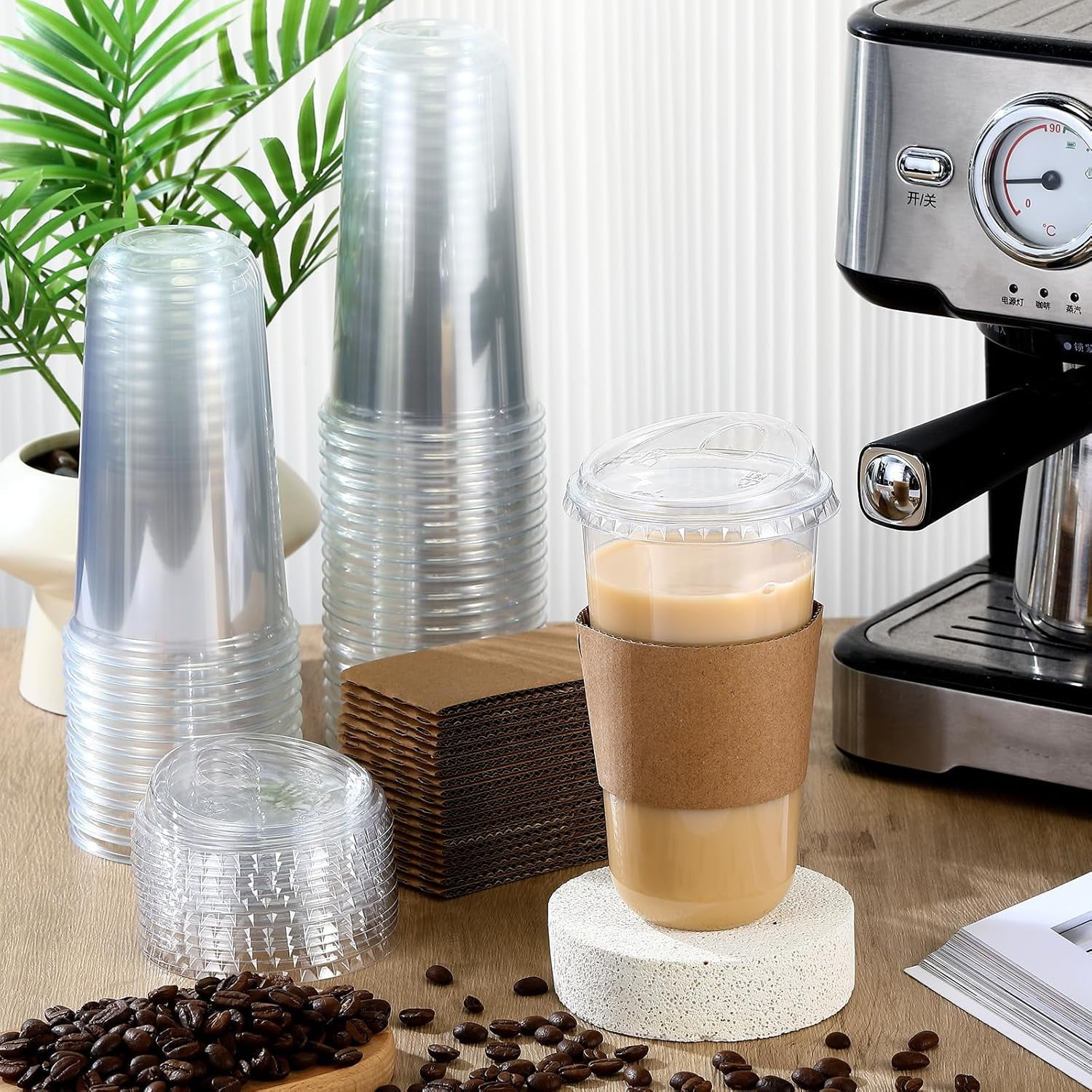 LIDUI-50 Sets Clear Plastic Coffee Cups with Sip Lids and Cup Sleeve ...