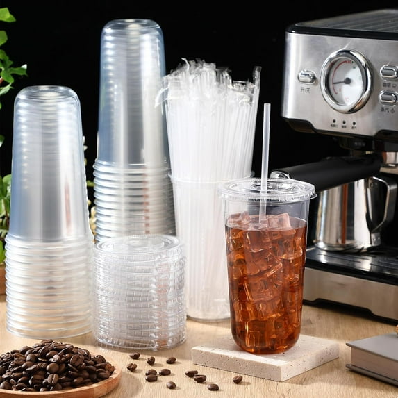 LIDUI-50 Sets Clear Plastic Cups with Lids and Straws, Disposable Iced ...