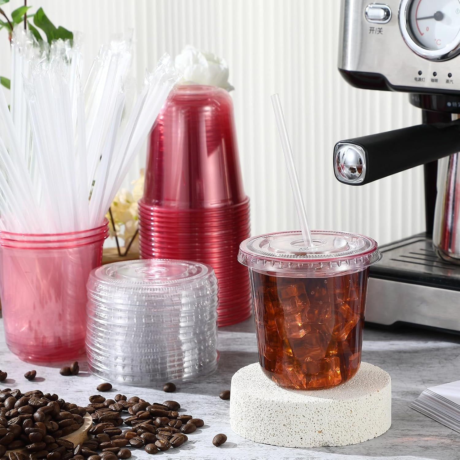 LIDUI-50 Sets Clear Plastic Cups with Lids and Straws, Disposable Iced ...