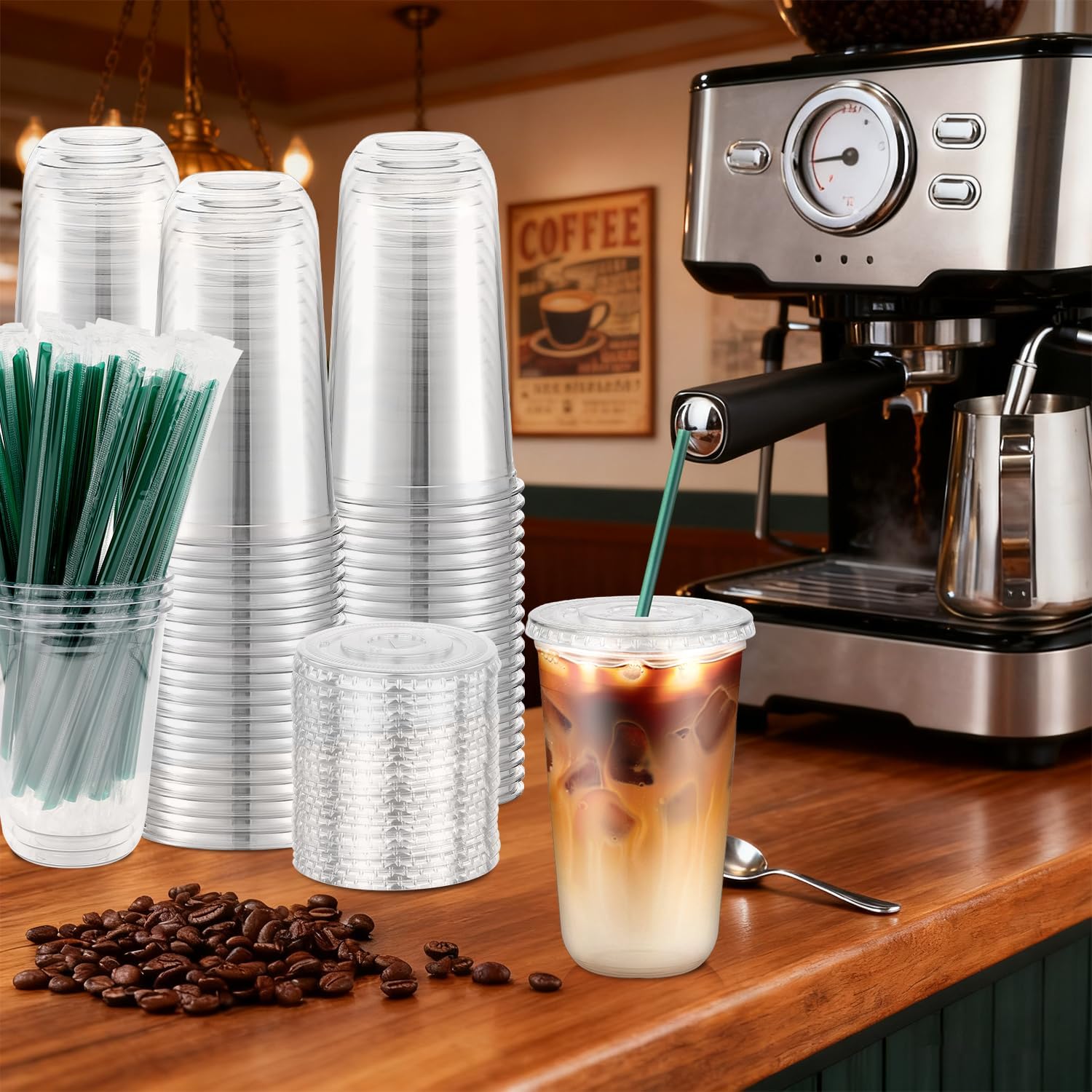 LIDUI-50PCS 18 oz Clear Plastic Cups with Lids and Dark Green Straws ...