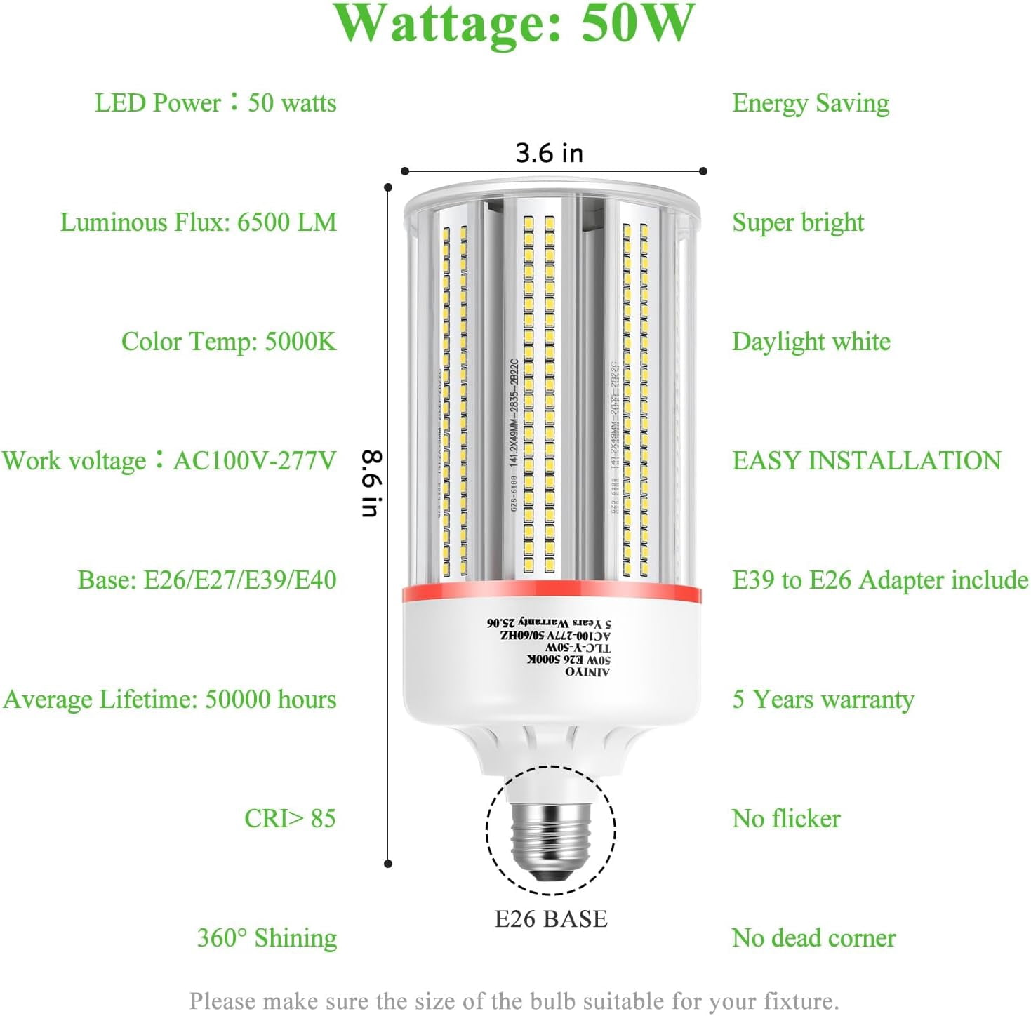 LIDUI-50W Led Corn Light Bulb,E26/E39 Base,5000k Daylight,110-277v ...