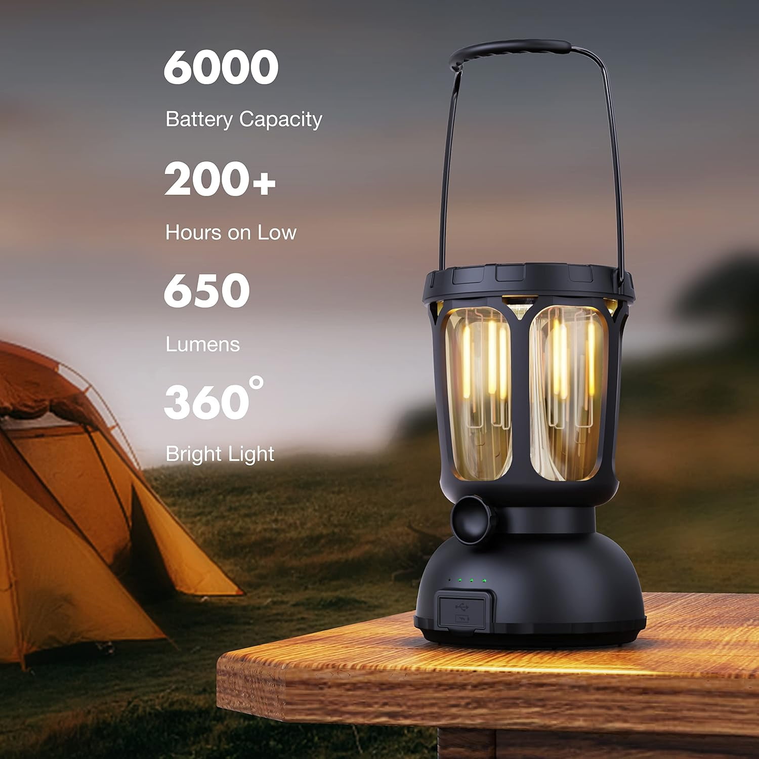 LIDUI-6000 LED Camping Lantern Rechargeable, 650LM Hand Crank Solar ...