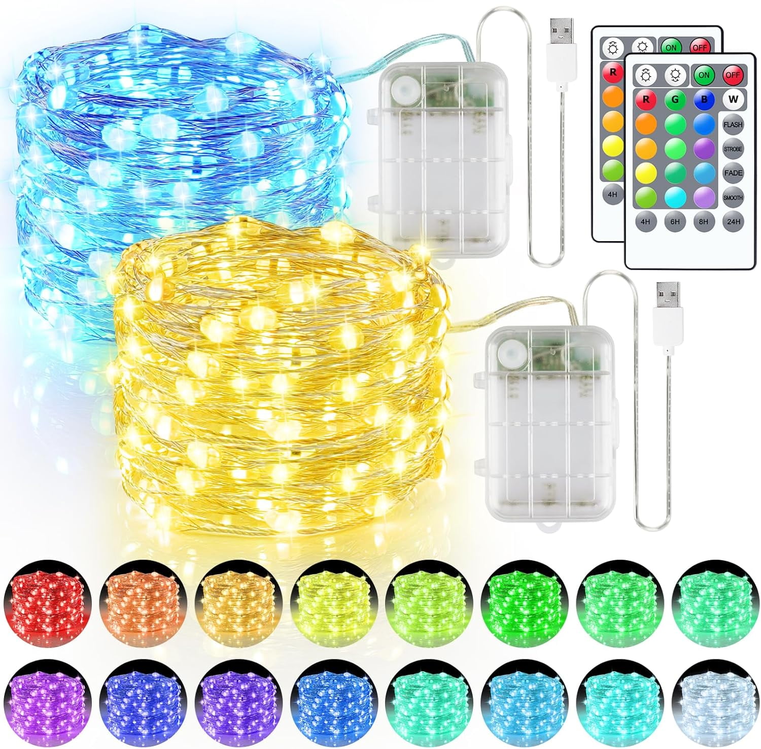 LIDUI-66ft 200LED Fairy Lights Battery Operated, 2 Pack 33ft 16 Color ...