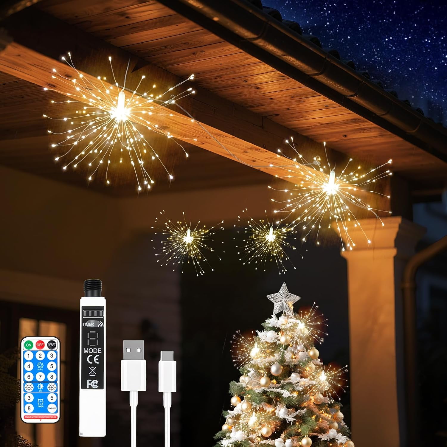 LIDUI-800LED Fireworks Lights Outdoor, Rechargeable Hanging Fairy ...