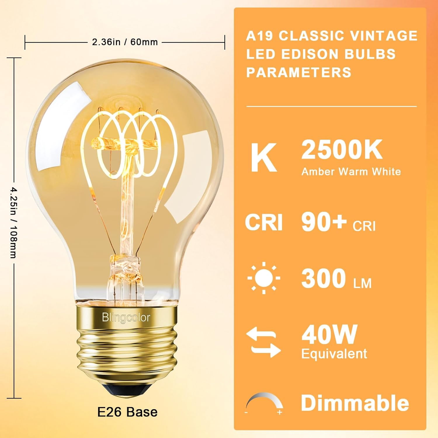 LIDUI-A19 Vintage LED Edison Light Bulbs 40 Watt, 4-Pack Dimmable A19 ...