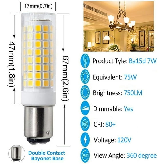 LIDUI-BA15D Led Light Bulbs 120V Dimmable 7W Double Contact Bayonet ...