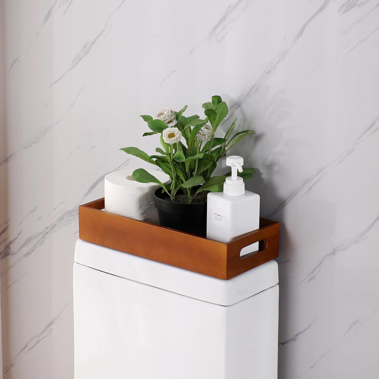 LIDUI-Bathroom Decor Box,Wooden Toilet Tank Topper Basket Tray,Back of ...