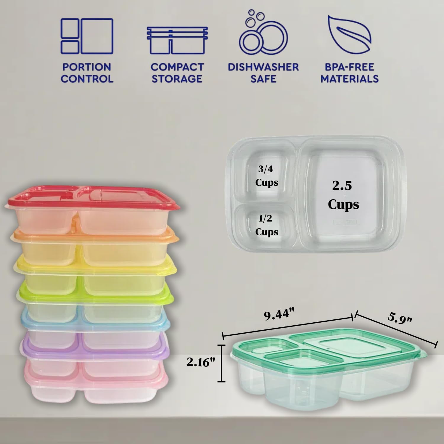 LIDUI-Bento Lunch Boxes - Reusable 3-Compartment Food Containers for ...