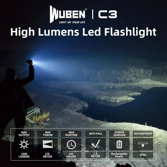 LIDUI-C3 Rechargeable Flashlight 1200 High Lumens Super Bright, LED ...