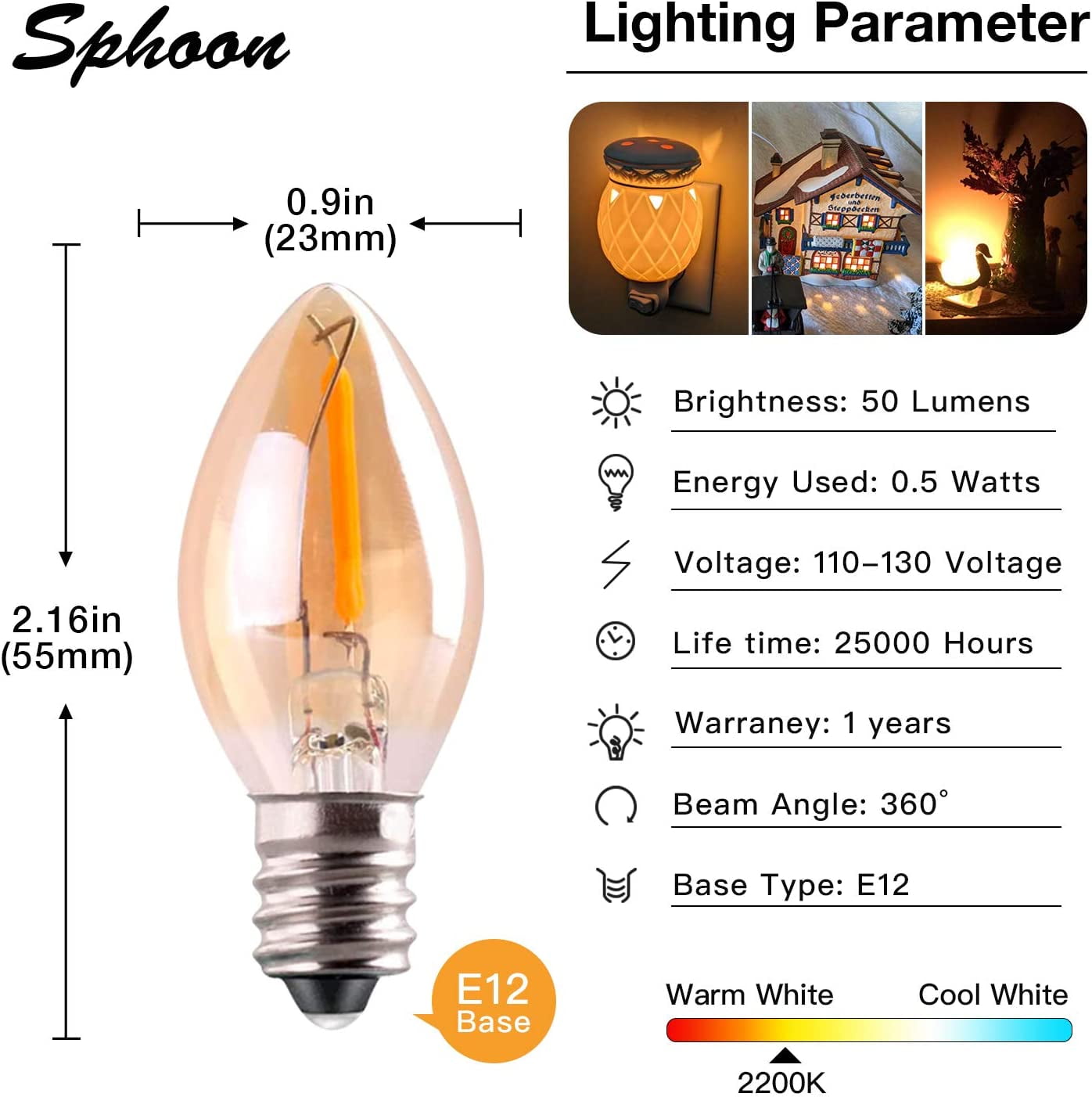 LIDUI-C7 LED Bulb, 0.5W Light Candle Bulbs, Amber Glow 5w Incandescent ...