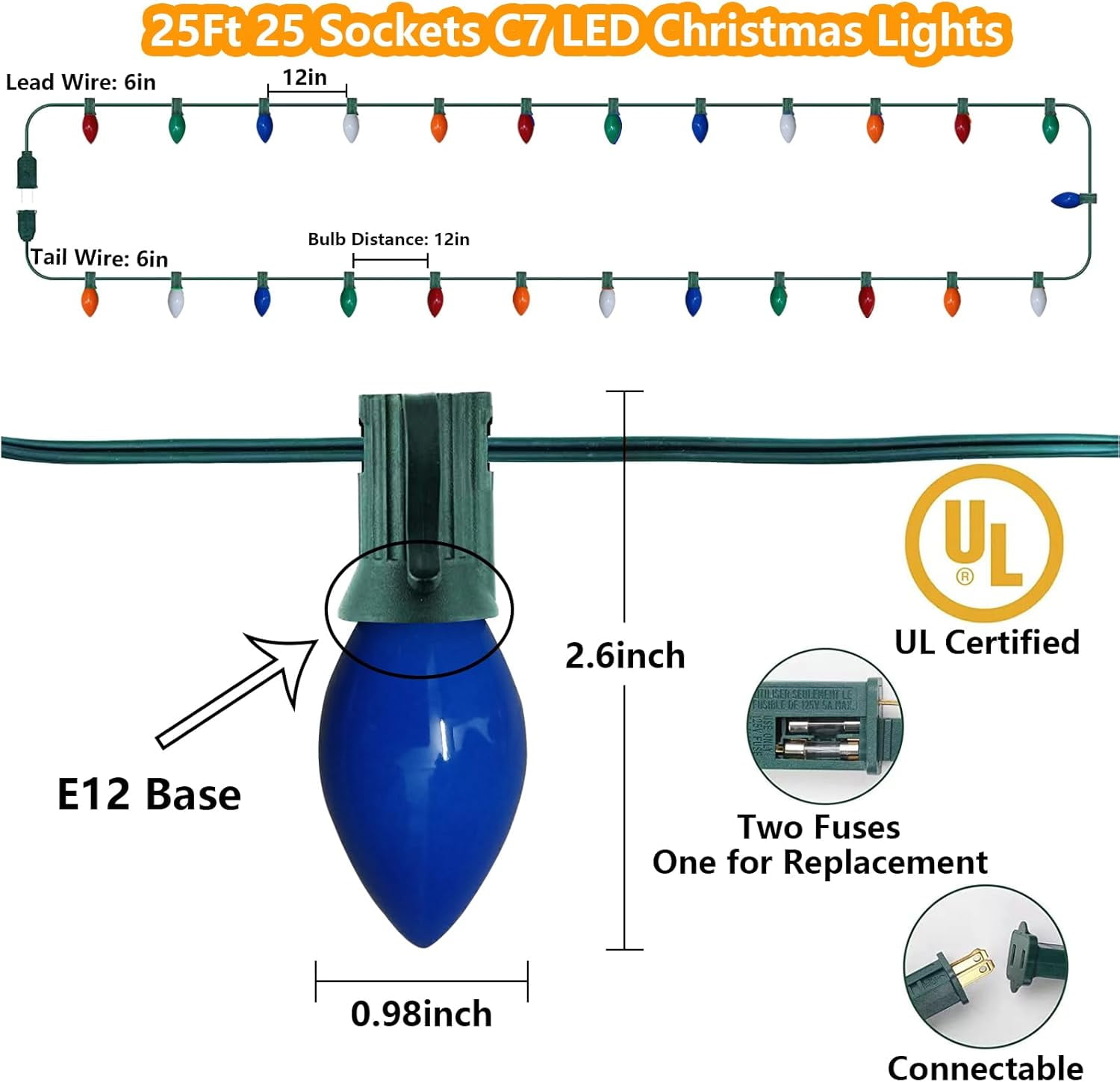 LIDUI-C7 LED Christmas Lights Outdoor, 25Ft Vintage Christmas Lights ...