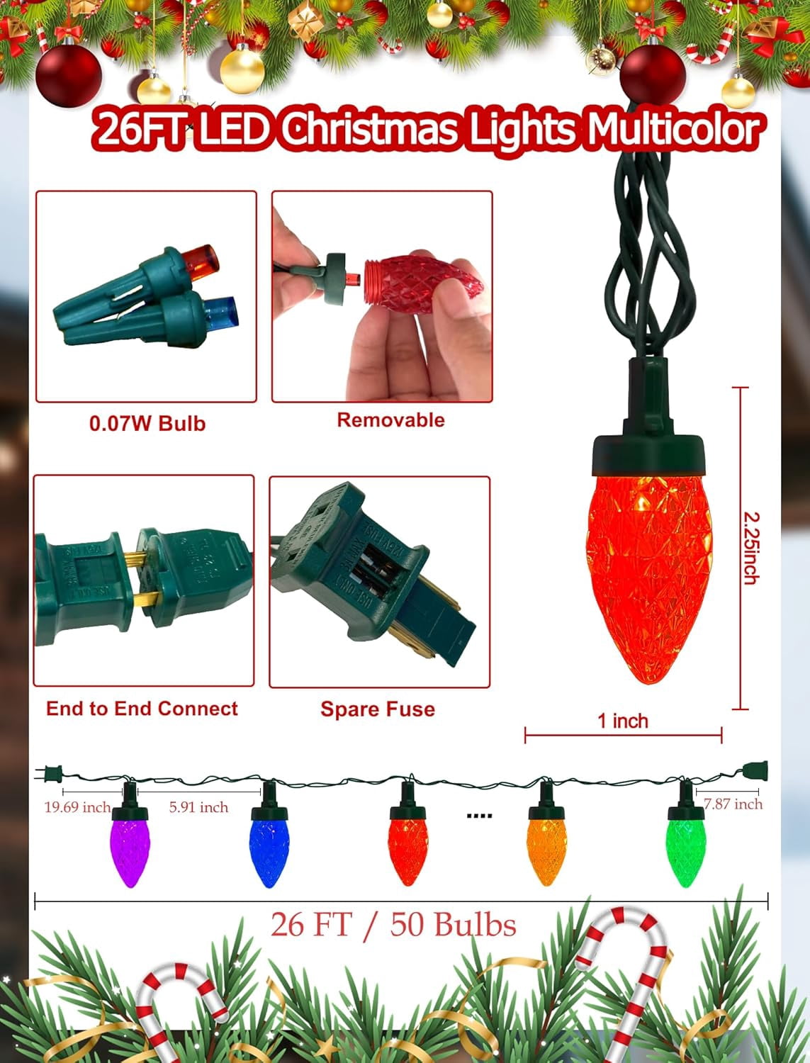 LIDUI-C7 LED Christmas Lights Outdoor,50 LED Multicolor C7 Christmas ...