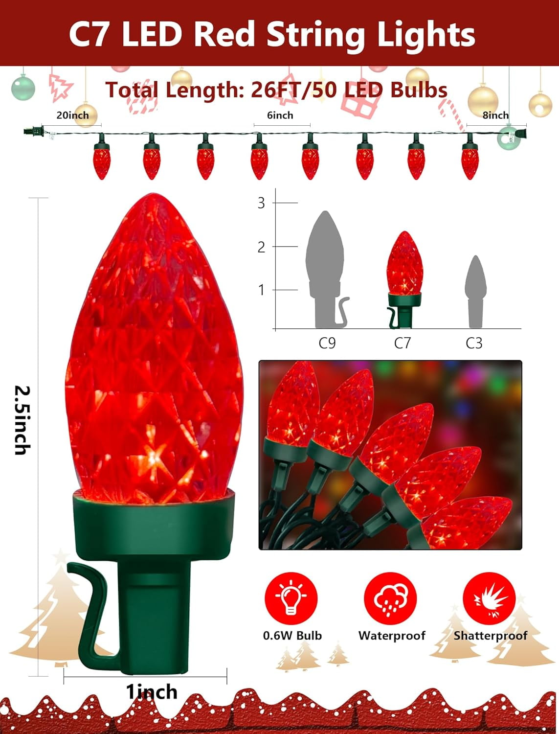 LIDUI-C7 LED Red Christmas Lights Outdoor, 26Ft Outdoor Xmas ...