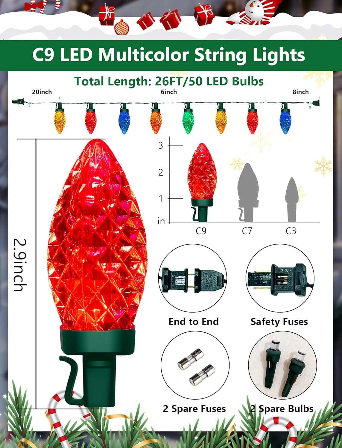 LIDUI-C9 Christmas Lights Outdoor, 26FT 50 LED Waterproof Connectable ...