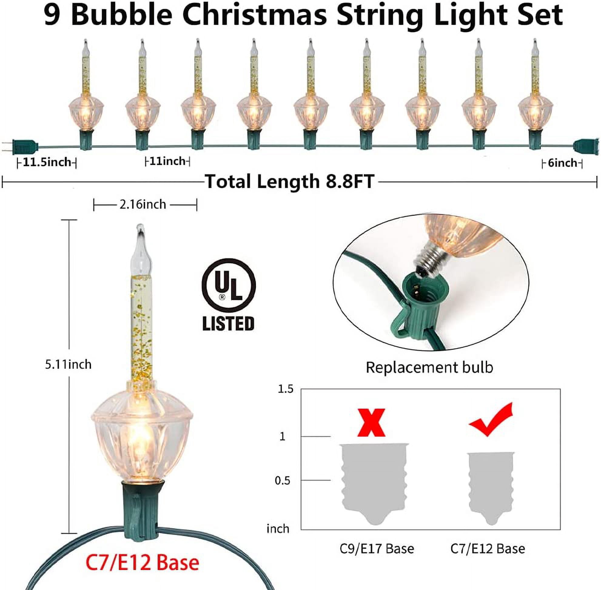 LIDUI-Christmas Bubble Lights, 8.8Ft Vintage Bubble Lights with 10 Gold ...