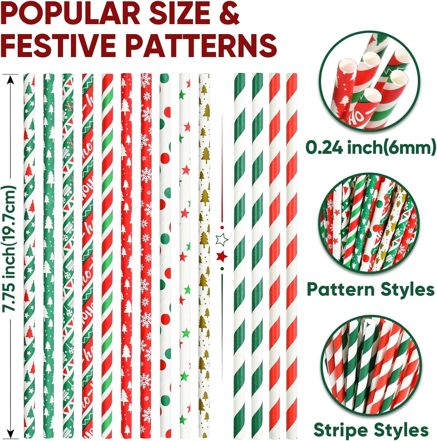 LIDUI-Christmas Paper Straws for Drinking 300 Pack7.75 inch, Disposable ...