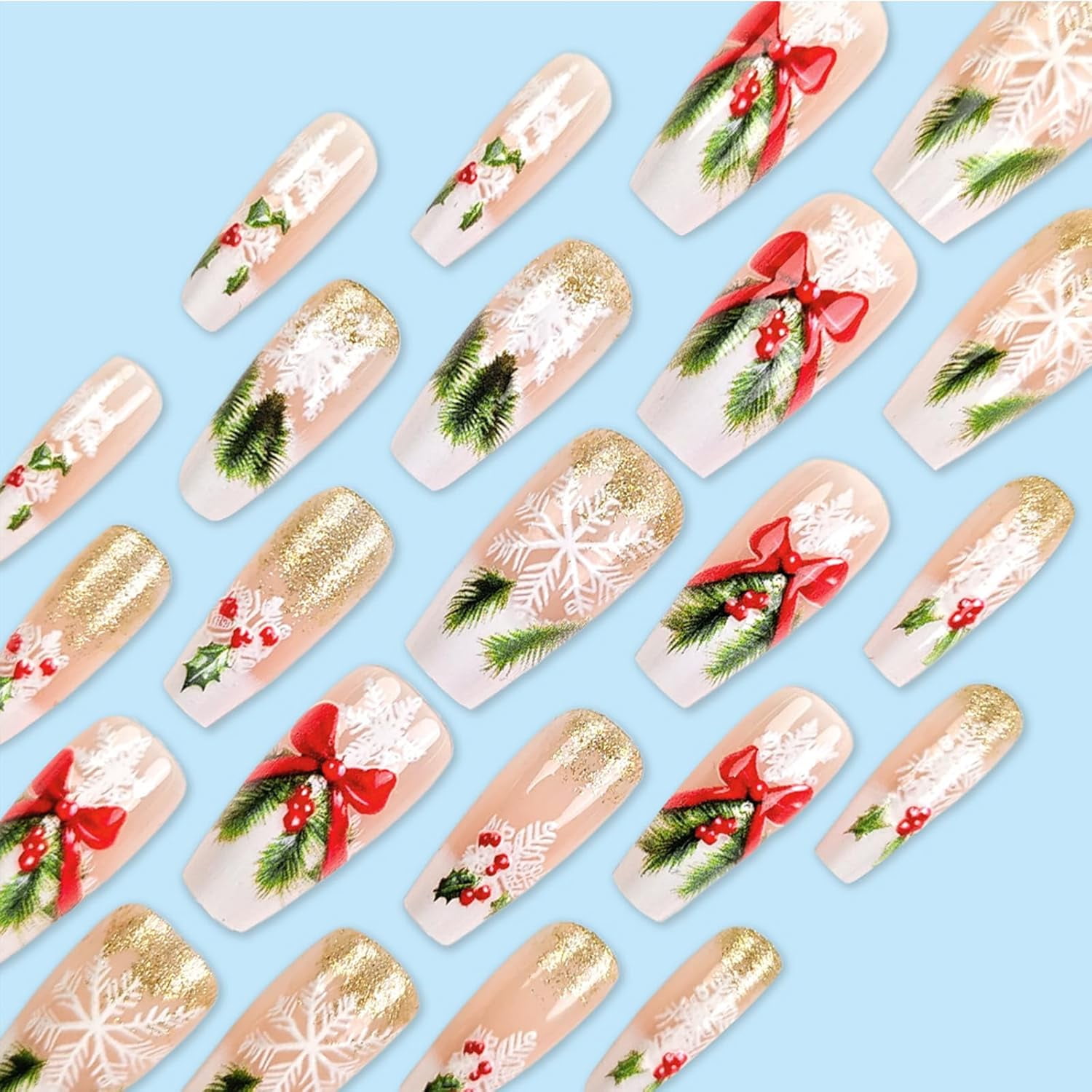 LIDUI-Christmas Press on Nails Medium Coffin Fake Nails with Designs ...
