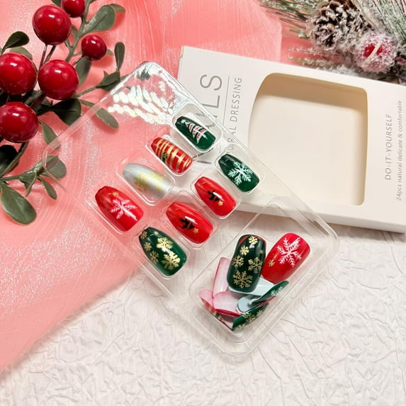 LIDUI-Christmas Press on Nails Medium Square Fake Nails with Designs ...