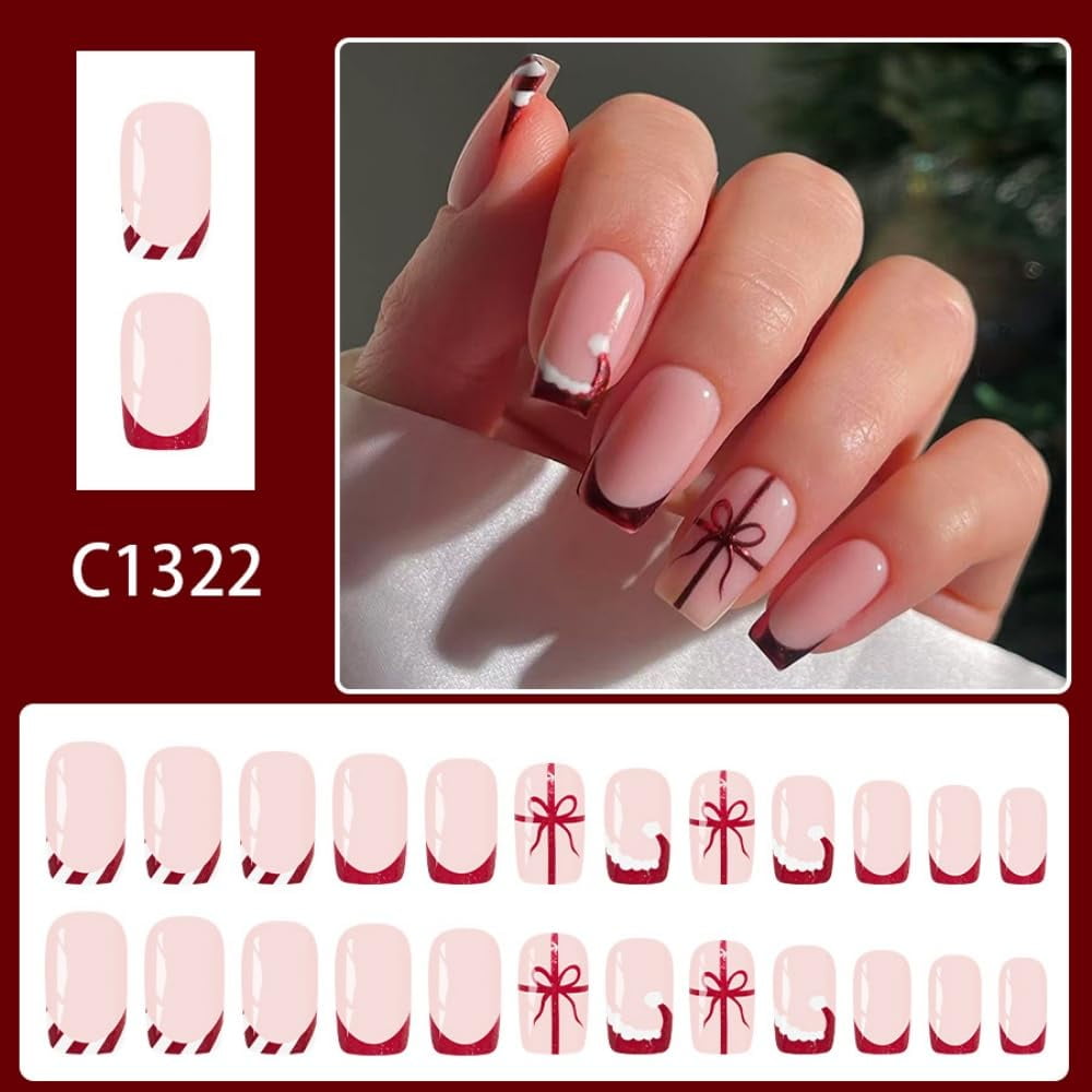 LIDUI-Christmas Press on Nails Medium Square Fake Nails with Red Bow ...