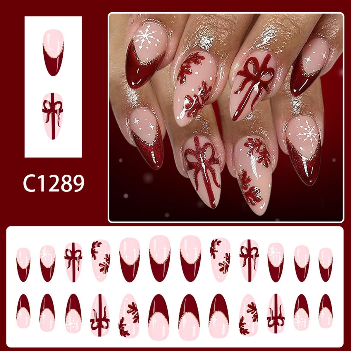 LIDUI-Christmas Press on Nails Red Fake Nails Bow Glue on Nails French ...
