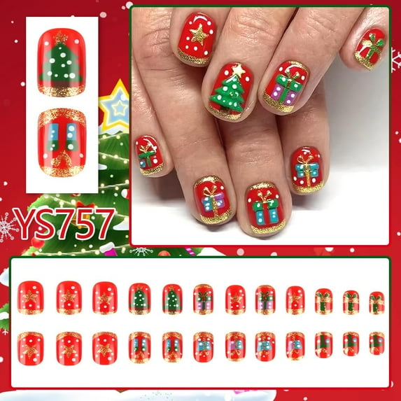 LIDUI-Christmas Press on Nails Short Square Fake Nails Christmas Tree ...