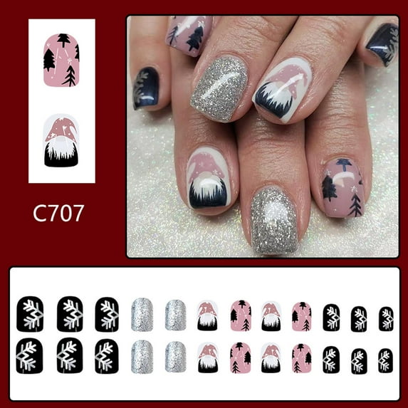 LIDUI-Christmas Press on Nails Short Square Fake Nails With Snowflake ...