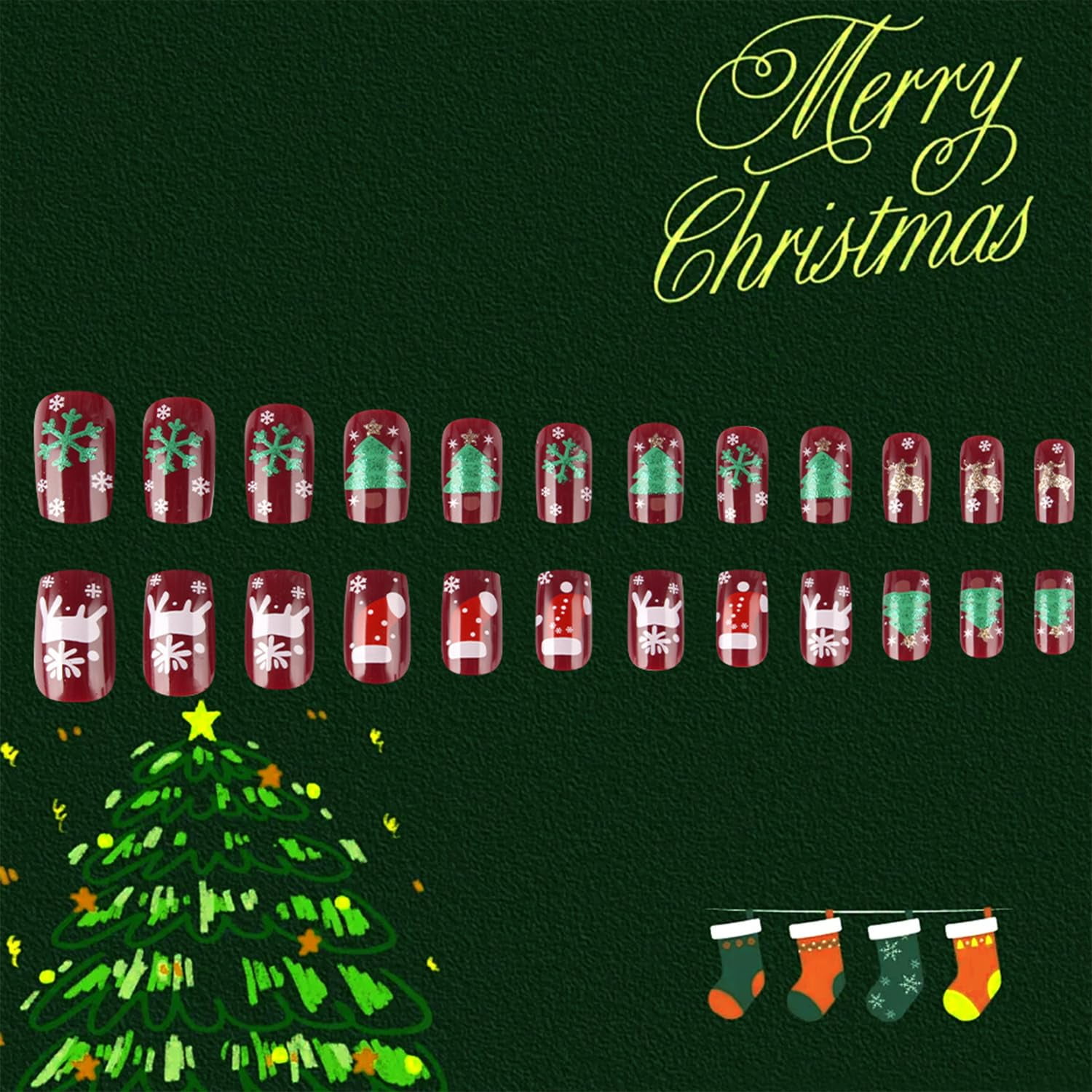 LIDUI-Christmas Tree Snowflake Press on Nails Winter Xmas Fake Nails ...